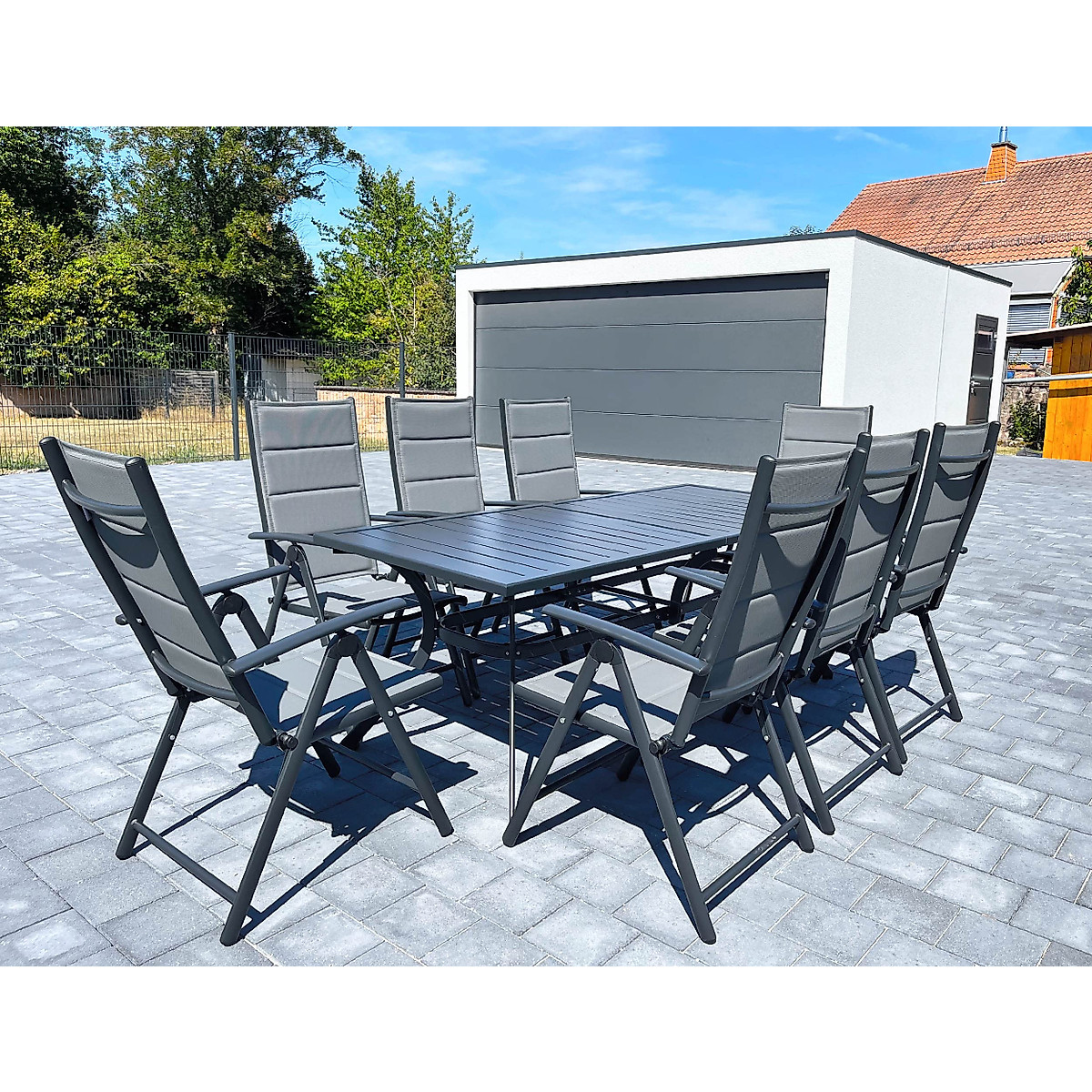 PURPLE LEAF 9 Pieces Outdoor Patio Dining Set with 8 Folding Portable Chairs and 1 Rectangle Aluminum Table, Foldable Adjustable High Back Reclining Chairs with Soft Cotton-Padded Seat, Grey