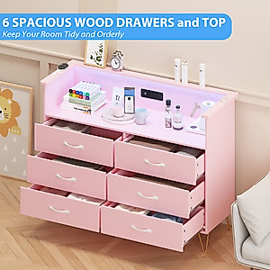 Patikuin Dresser for Bedroom with LED Light & Charging Station, 6 Drawers Wooden Dressers with Open Space, Modern Chest of Double Wide Drawers for Living Room, Entryway, Hallway TV Stand, Pink
