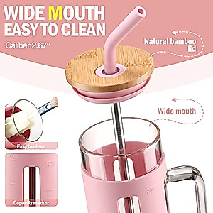 Kodrine Tumbler with Lid and Straw, 20 oz Glass Coffee Tumbler with Handle, Smoothie Cup with Bamboo Lid | Time Marker | Silicone Protective Sleeve, BPA Free -Pink