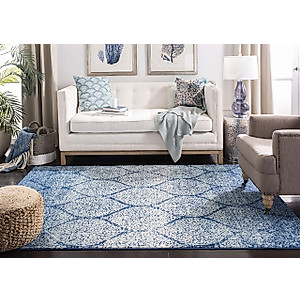 SAFAVIEH Madison Collection X-Large Area Rug - 12' x 15', Navy & Blue, Glam Ogee Trellis Distressed Design, Non-Shedding & Easy Care, Ideal for High Traffic Areas in Living Room, Bedroom (MAD604N)