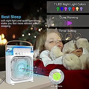 Portable Air Conditioner Fan,Personal Mini Small Evaporative Air Cooler with AC adapter,Desktop Cool Humidifier with 7 Colors LED Light,1/2/3 H Timer,3 Speeds & 3 Spray for Room Office Home Travel