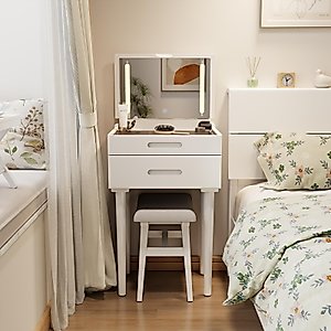 KASLANDI Solid Wood Vanity Desk with Plip Top Mirror & Lights, Small Makeup Vanity with Drawers, 3 Lighting Modes Adjustable Brightness, Vanity Table for Bedroom and Living Room（White