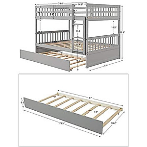 Full Over Full Bunk Bed with Trundle, Convertible to 2 Full Size Platform Bed, Full Size Bunk Bed with Ladder and Safety Rails for Kids, Teens, Adults, Grey