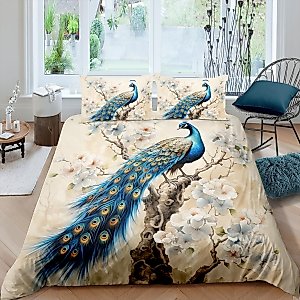 CCoutueChen Blue Gold Birds Floral Bedding Set for Women Watercolor Peacock Duvet Cover King Elegant Peacock Feather Decor Microfiber Comforter Cover with Zipper Closure Corner Ties
