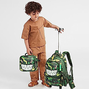 Egchescebo Kids Shark Rolling Backpack for Boys Suitcases Trolley Backpacks with Wheels Roller Luggage Backpacks Wheels with Lunch Box Pencil Case for Elementary Boys Travel School Bag Green