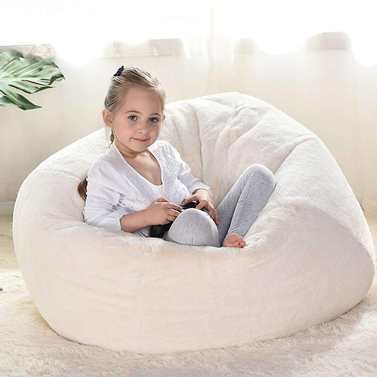 Lazy Sofas Cover, Handmade Rabbit Fur Warm Lounger Seat Bean Bag Cover Soft Beanbag Chair for Adult Teen Children, Without Filling,White,L