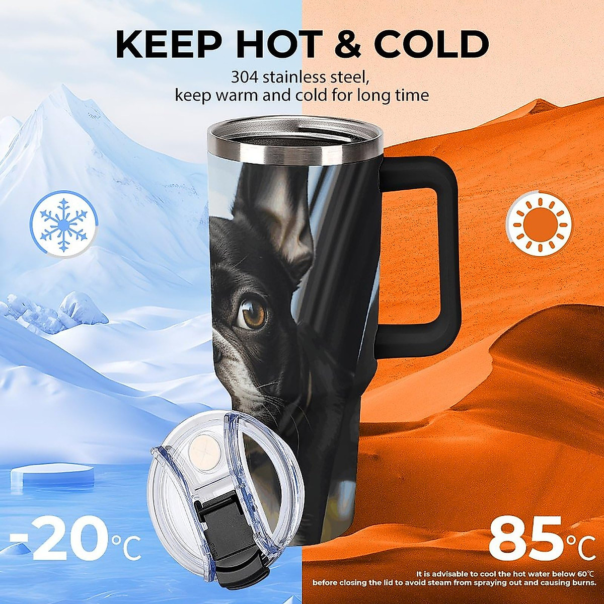 40 Oz Personalized Tumbler with Handle And Straw Puppy Dog Boston Terrier Stainless Steel Insulated Tumblers Reusable Car Thermal Cup Travel Coffee Mug for Women Men