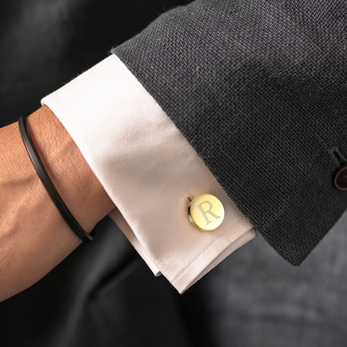 Diamday Cuff Links and Tie Clips Set Personalized Cufflinks for Men Gold R Initial Cufflinks Men's Link Shirt Studs Tie Letter Tie Clips and Cufflinks Set with Box Groomsmen Gift for Him