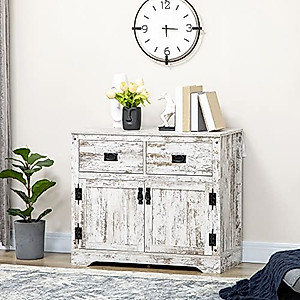 HOMCOM Industrial Sideboard Buffet Cabinet with 2 Drawers Kitchen Storage Cabinet Coffee Bar Cabinet with Double Door Cupboard for Kitchen, Living Room, Distressed White