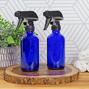 Cornucopia 8-Ounce Cobalt Blue Glass Boston Round Spray Bottles (2 Pack) 3-Setting Heavy Duty Sprayers, Empty Refillable Bottle for Essential Oil Blends, DIY Cleaning & More