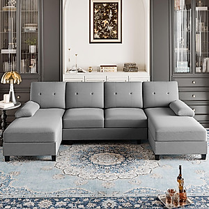 Shintenchi Sectional Couches for Living Room, U Shaped Sofa Couch with Double Chaise, 4-Seat Living Room Furniture Sets with Soft Cushion & Linen Fabric, Light Grey