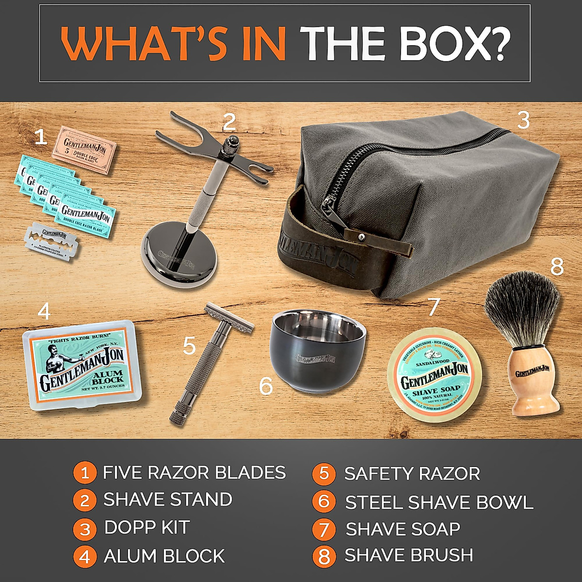 Gentleman Jon Deluxe Vintage Wet Shave Grooming Set for Men - Safety Razor, Brush, Alum Block, Soap, Bowl, Blades, Stand & Dopp Kit