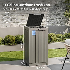 EAST OAK 31 Gallon Outdoor Trash Can | Waterproof Resin Garbage Can with Recycle and Garbage Labels | Secure Bag Lip Lock and Drip Tray | Outside Trash Bin for Patio | Kitchen, Backyard or Deck | Gray