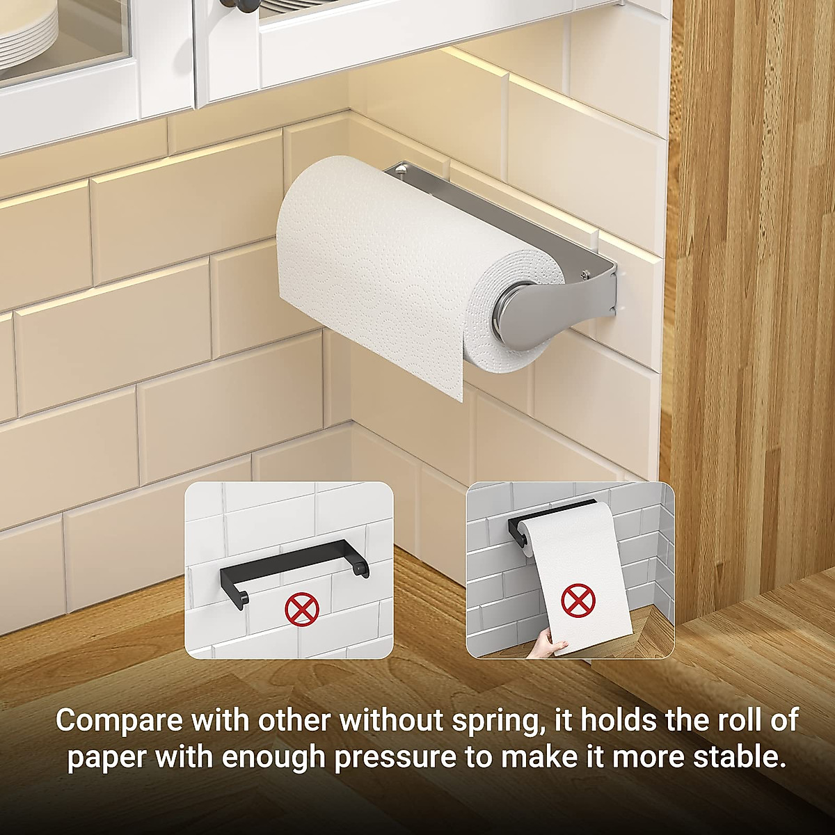 Swaitee Paper Towel Holder, One Hand Tear Paper Towel Holder Under Cabinet with Ring Spring, Stainless Steel Paper Holder Rack Adhesive or Wall Mount for Kitchen Bathroom