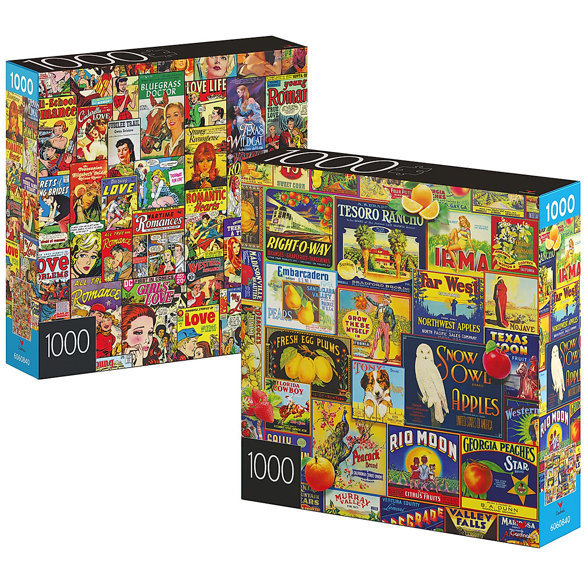 2-Pack of 1000-Piece Jigsaw Puzzles, Retro Comics and Fruit Labels, Puzzles for Adults and Kids Ages 8+, Amazon Exclusive