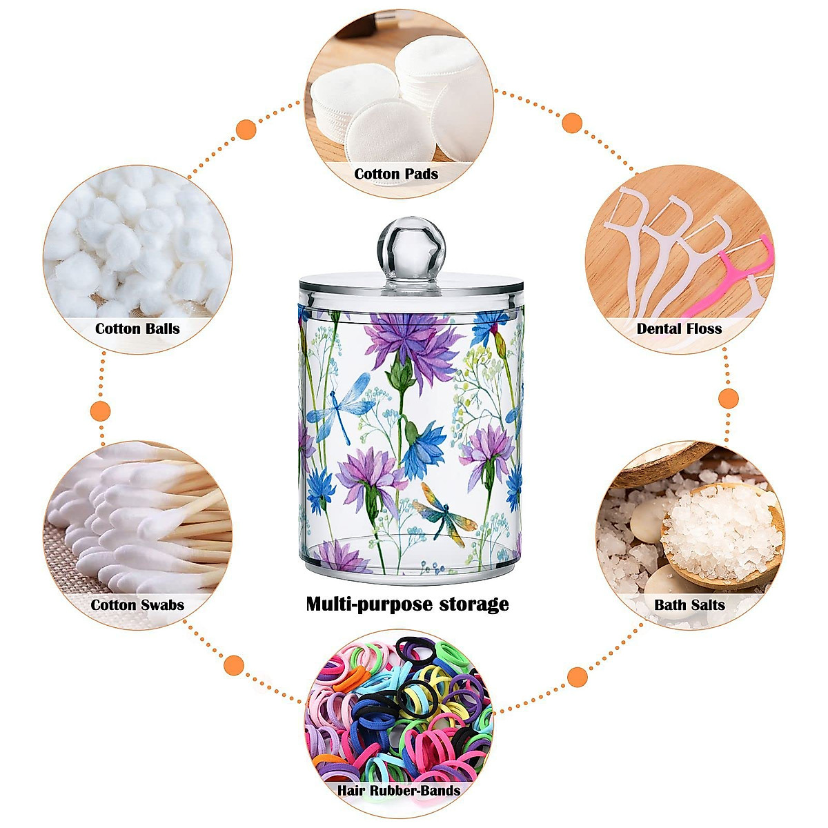 4 Pack Qtip Dispenser Apothecary Jars Bathroom Organizer, Watercolor Blue Flowers Dragonflies Qtip Holder Storage Canister Plastic Acrylic Jar for Cotton Ball/Swab/Rounds
