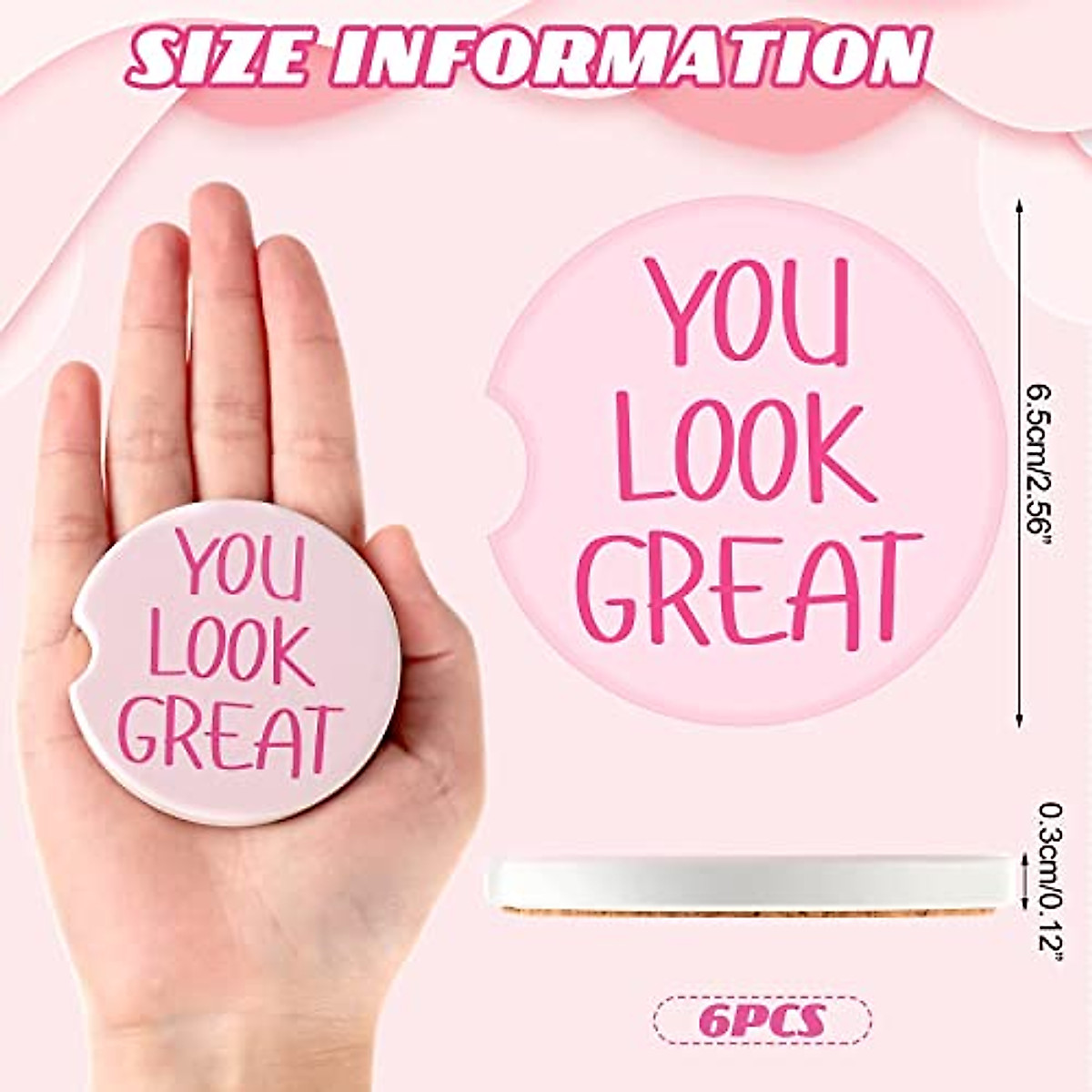 Dingion 6 Pcs Preppy Car Coasters with Finger Notch Aesthetic Cork Base Absorbent Ceramic Coasters Cute Car Drinks Coasters with Anti Slip Cork Base for Auto Accessories