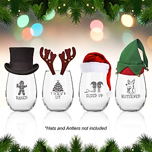 Drunk Christmas Funny Stemless Wine Glasses Set of 4 | Hilarious Christmas Themed Wine Glass for Holiday Party | 4 Designs | 15 oz Cheerful Party Cups & Gift Exchange Idea for White Elephant, Xmas
