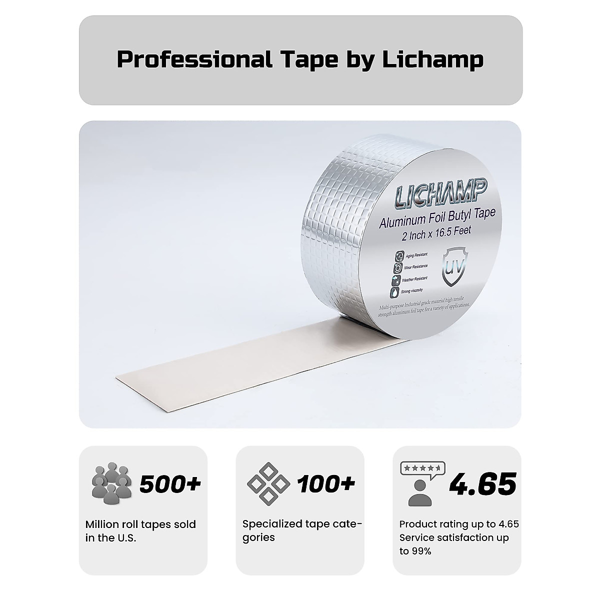 Lichamp Aluminum Butyl Tape, Waterproof Butyl Aluminum Foil Tape 2 inches x 16.4ft for RV Repair, Roof, Window Patch, Boat and Outdoor Pipe Sealing