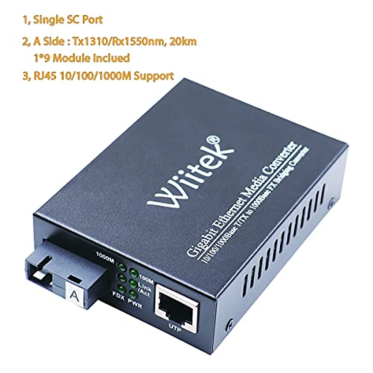 Wiitek 10/100/1000M Fiber Ethernet Media Converter, 10/100/1000Base-T/TX to 1000Base-FX Gigabit Bridging Converter, Single Fiber BIDI SC, SM, 1310nm/1550nm 20km, 1 Pair(A&B)