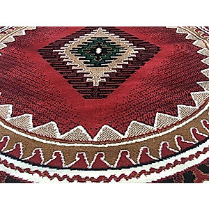 Champion Rugs Native American Navajo Aztec Indian Navajo Tribal Red Area Rug (5 Feet X 5 Feet Round)