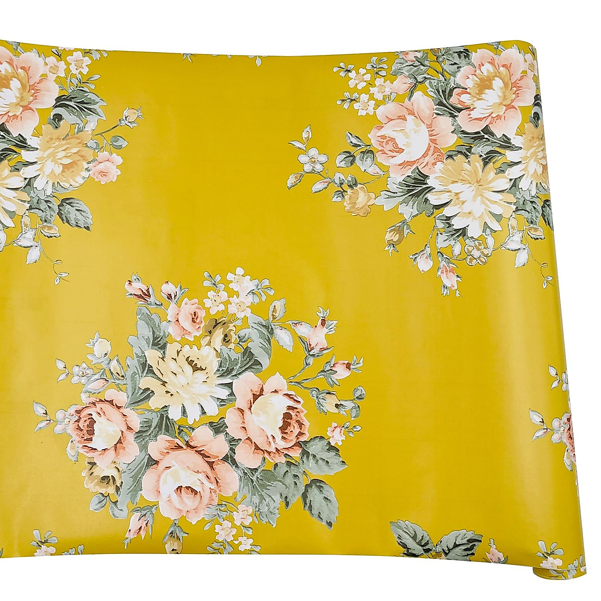 Yifely Vintage Peony Floral Shelving Paper Dark Yellow Peel & Stick Shelf Liner Dresser Drawer Sticker 17.7 Inch by 9.8 Feet