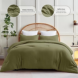 CozyLux Olive Green Comforter Set King Size, 3 Pieces Solid Breathable Quilted Style Bedding Sets, Luxury Fluffy Soft Microfiber Comforter for All Season(1 Comforter & 2 Pillowcases)