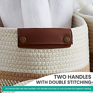 Organizix 3 Pack Woven Cotton Rope Shelf Storage Basket with Leather Handles, Baby Nursery Storage Bin Organizers, Closet Shelf Storage - 15 x 10 x 9, White/Brown
