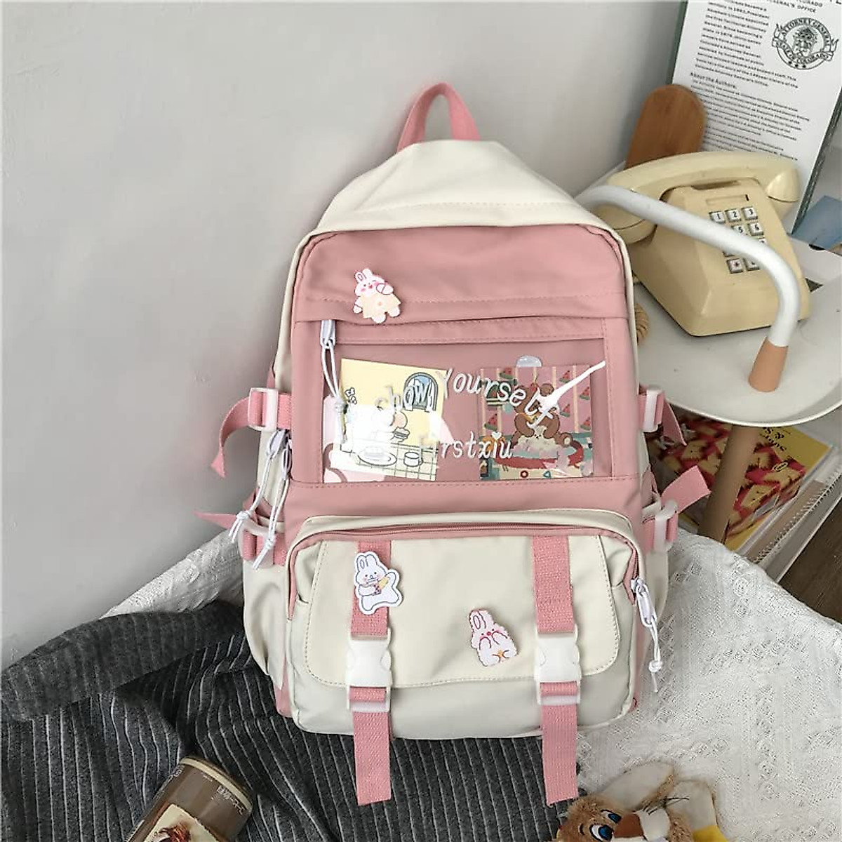 MEOKIM Kawaii backpack student schoolbag large-capacity tooling style backpack stitching cute girl campus backpack(Blue)