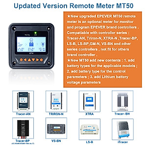 EPEVER MT50 Remote Meter for MPPT Solar Charge Controller 10/20/30/40A,50/60/80/100A LCD Display Monitoring Setting Datas of Solar Panel Battery Regulator System (MT50)