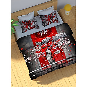 Japanese black white ink style Samurai sword red Sakura 3D print Duvet Cover Queen Size Ultra Soft and Breathable Bedding Comforter Cover Set 3 Pieces with Zipper Closure Duvet Cover & 2 Pillow Shams