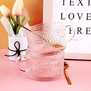 BTGLLAS 400ML Vintage Coffee Mugs With Metal Spoon Glass Coffee Cup 13 Oz Set of 2 Clear Embossed Glass Cups Engrave Tea Cups Beverage,Latte,Anniversary, Valentine,Birthday,Christmas (1SETMUG)