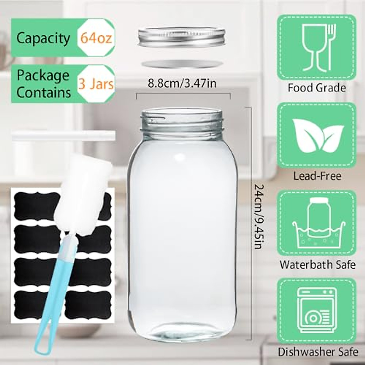 Ltzmcmy 64 oz Mason Jars Wide Mouth,3 Pack Large Half Gallon Mason Jar with Airtight Lids,Air Tight Glass Pickling Jars for Canning,Fermenting,Food Storage
