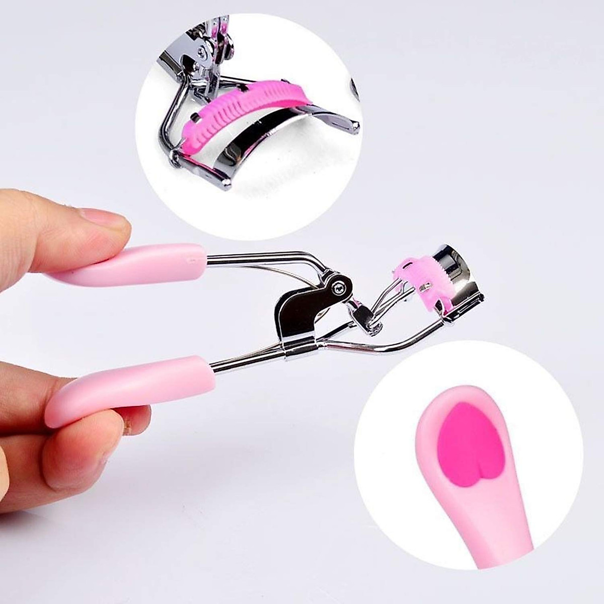 MERVK Stainless Steel Eyelash Curler with Built-in Comb Pinch Pain-Free Suitable for Any Eye Shapes and Sizes, with 5 Silicone Refill Pads (Light Pink)