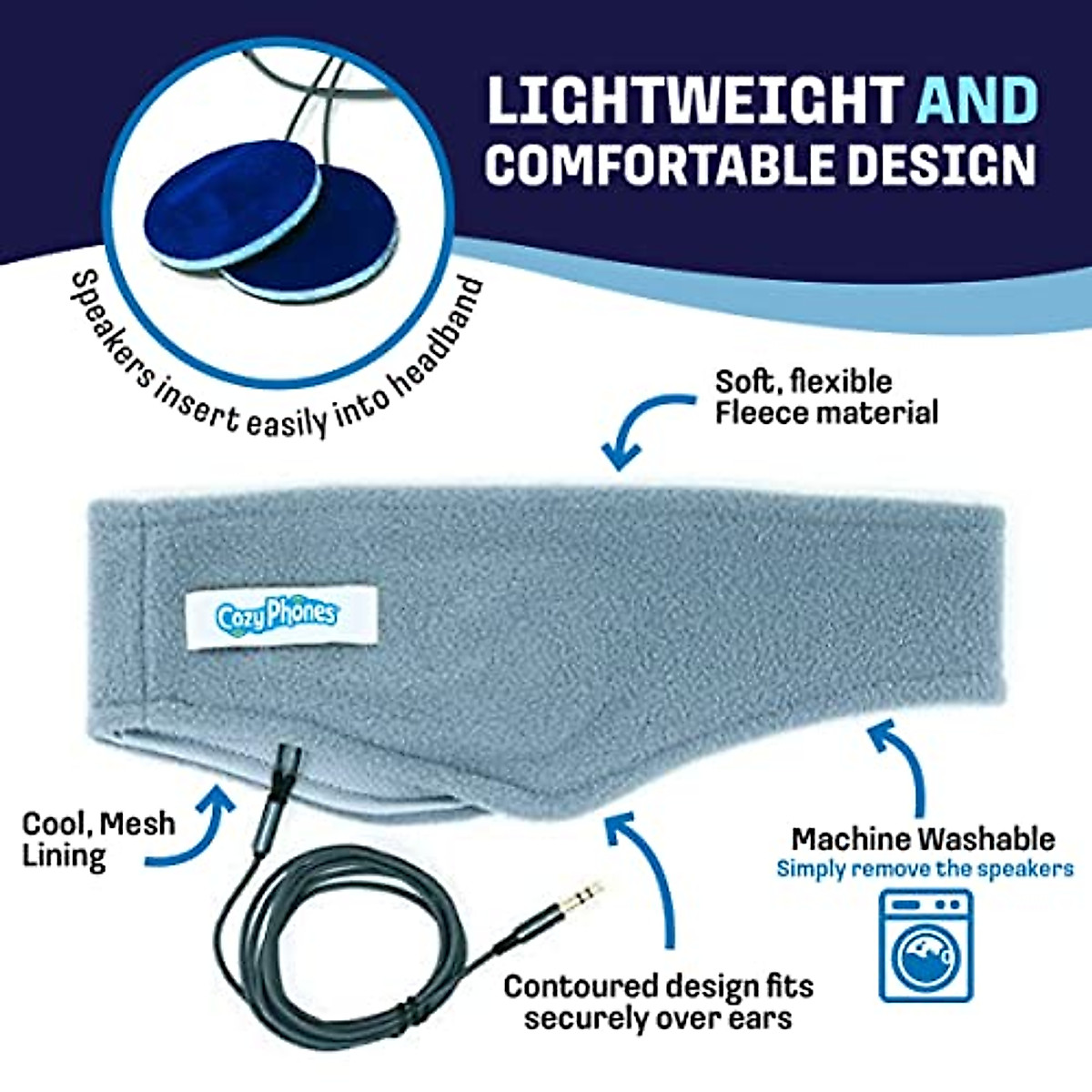 CozyPhones Sleep Headphones - Over Ear Headphones from Ultra Thin Cool Mesh Wired for Side Sleepers, Meditation, Running, Laptop, and Phone - Gray Lycra