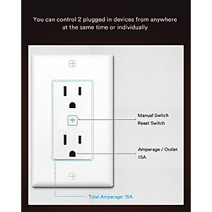 Smart WiFi in-Wall Outlet 15 Amp Tamper Resistant Split Duplex Receptacle - 2 Plugs, Compatible with Alexa, Google Home (No Hub Required)