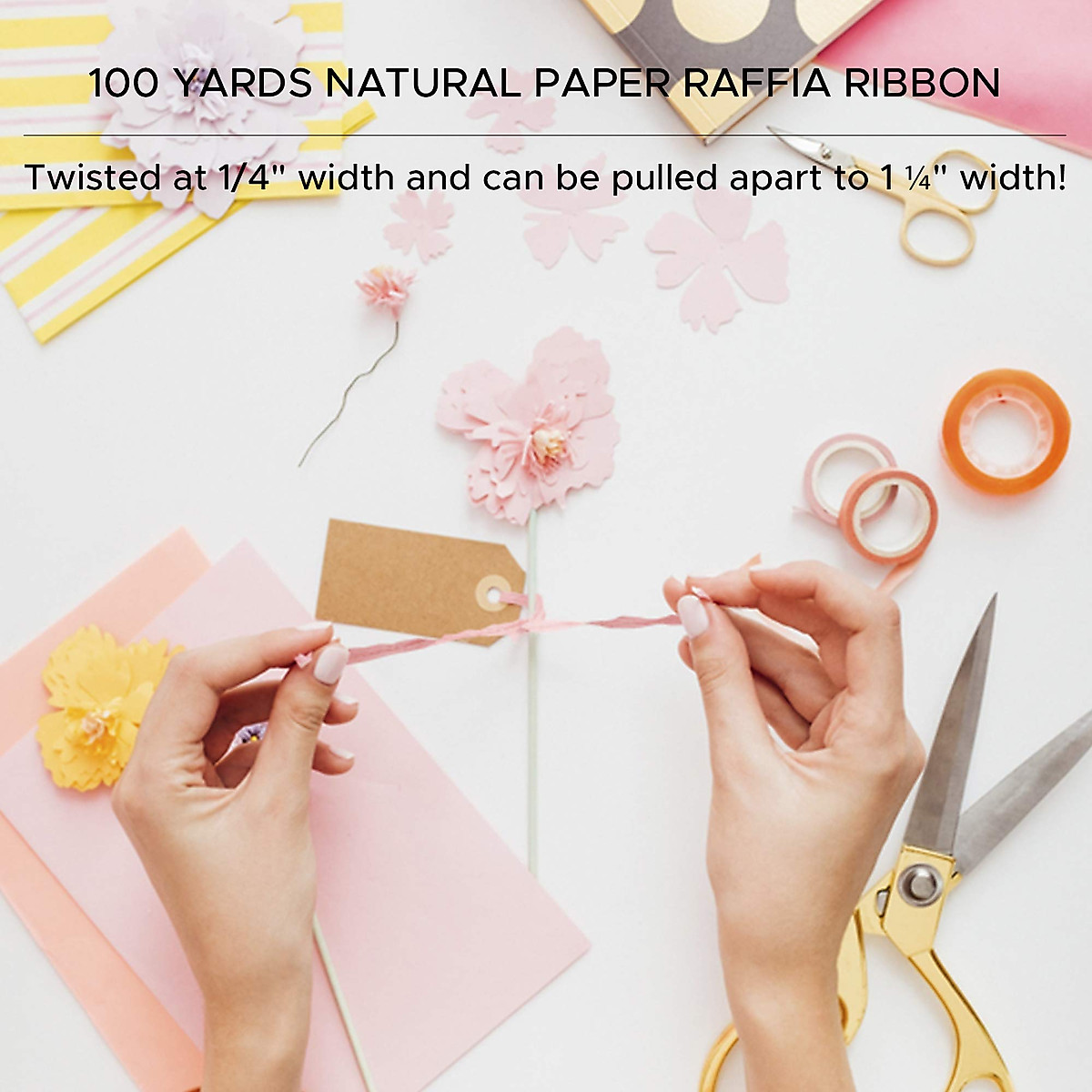 BonBon Paper Gold Ribbon | Gold Raffia Ribbon for Gift Wrapping, Gift Bags and DIY Arts and Crafts | Premium Wrapping Paper Accessories | 100 Yard Spool