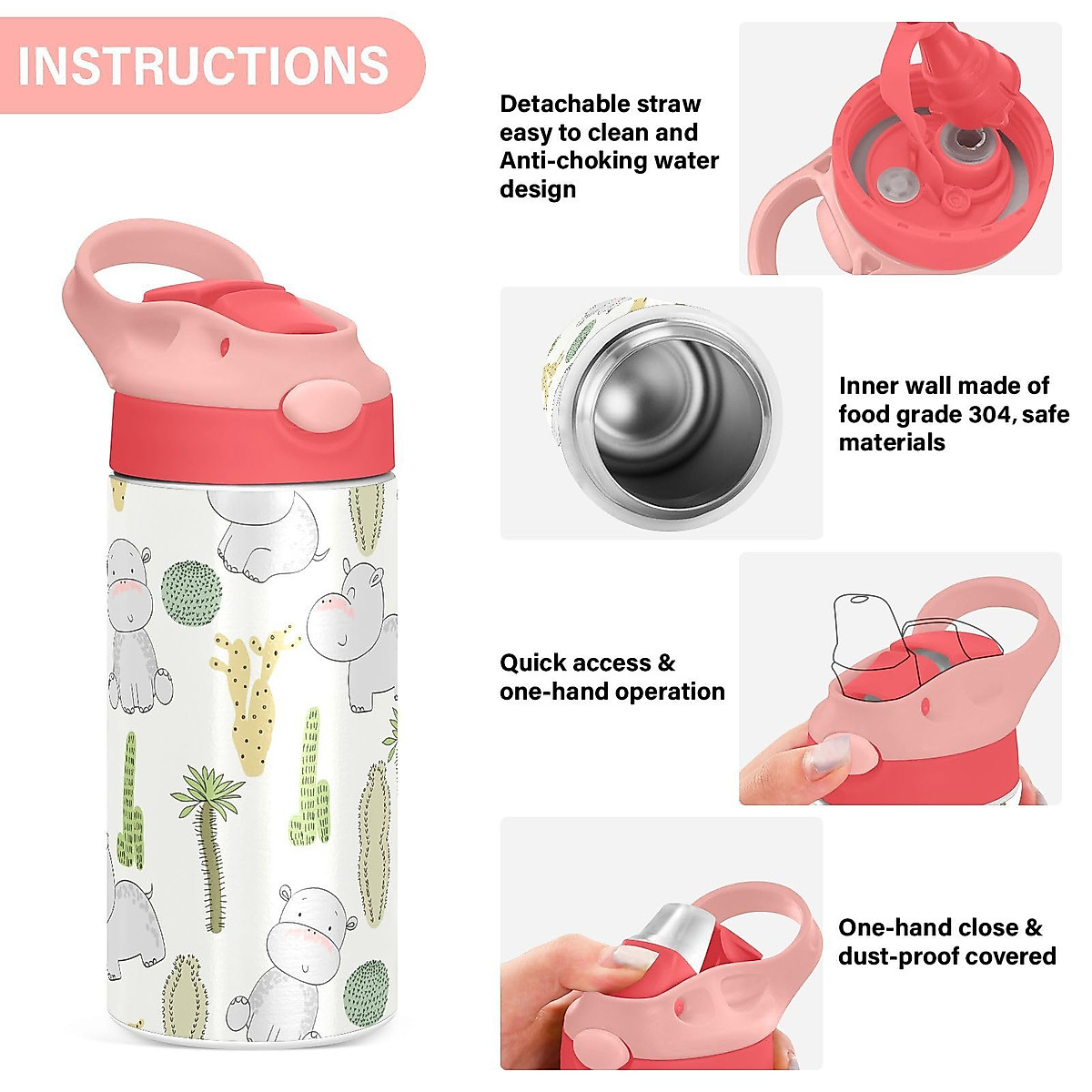 ALAZA Cute Cactus Hippo Kids Water Bottles with Lids Straw Insulated Stainless Steel Water Bottles Double Walled Leakproof Tumbler Travel Cup for Girls Boys Toddlers 12 oz / 350 ml,Pink