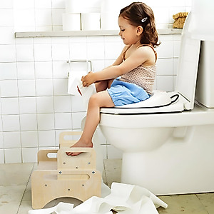 QZMTOY Wooden Toddler Step Stool for Kids, Multifunctional Two Step Stools with Safety Non-Slip Mats for Safety and Handles, Two One Step Stool for Adults Bathroom, Kitchen and Toilet Potty Training