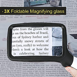 Arsir 3X Folding Magnifying Glass with Light, Retancular Lighted Magnifier with 5 LED Lights, Handhold Page Magnify Lens Seniors Gift for Reading Books, Coins, Maps, Inspection, Kid Exploring -Black