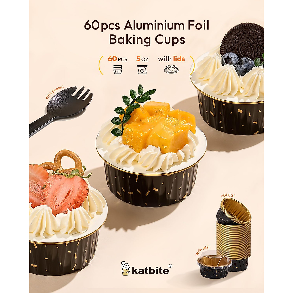 Disposable Ramekins with Lids - Katbite 60 Pack 5oz Aluminum Foil Cupcake Baking Cups, Muffin Tins for Creme Brulee, Desserts, Baking - Black