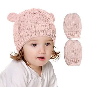 Baby Hat and Mitten Set Knit Baby Winter Hat Mittens for Newborn Girl Infant Beanies for Boys Kids Gloves Pink 6-12 Months