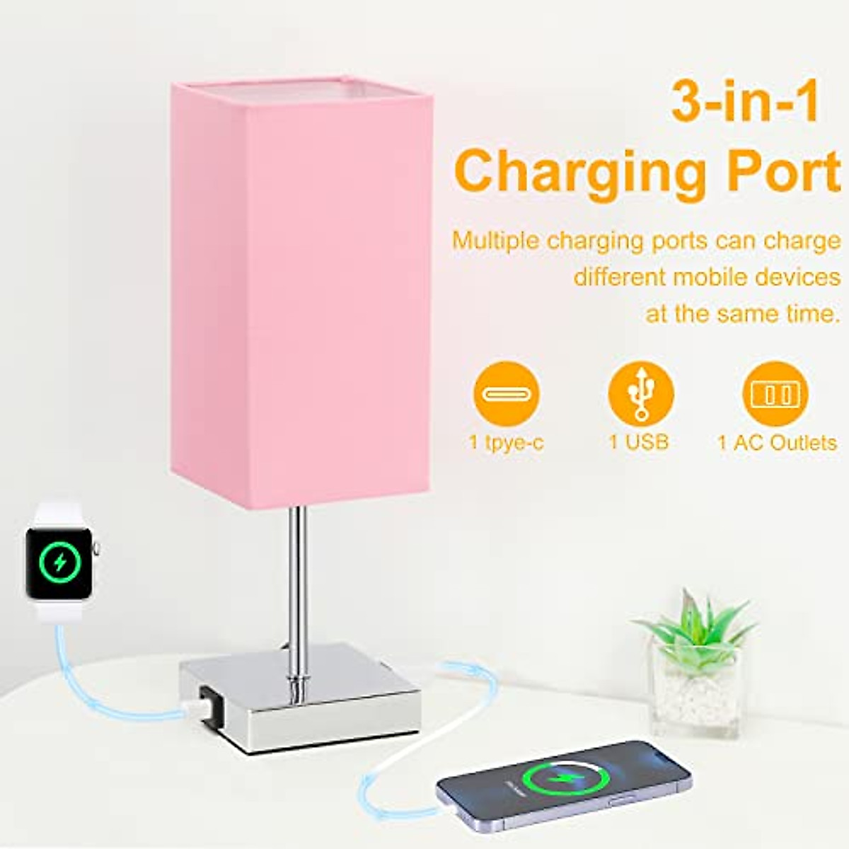SEEDED-DESIGN Touch Control Table Lamp, Small Bedside Lamp with USB Port and Outlet, 3-Way Dimmable Nightstand Lamp for Bedroom, Living Room, LED Bulb Included (Square, Pink Blush)