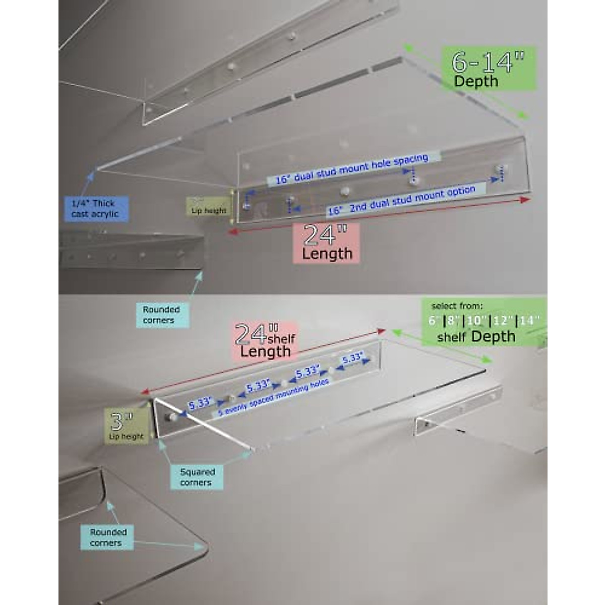 24" Long Clear Floating Shelf (8" deep)