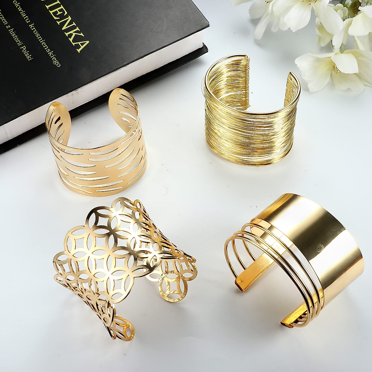 JOERICA 4PCS Gold Cuff Bracelets for Women Open Cuff Wide Wire Bracelets Adjustable Wrist Wrap Bracelet Set