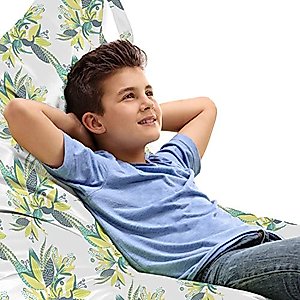 Lunarable Floral Lounger Chair Bag, Illustration of Spring Fresh Leaves Flowers Arrangement, High Capacity Storage with Handle Container, Lounger Size, Pastel Yellow Blue Grey