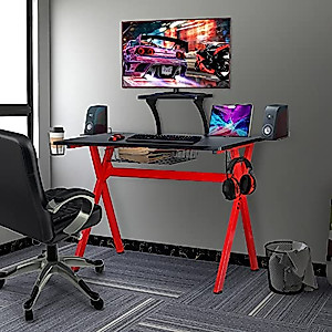 OKL 42” Gaming Desk- Home Office Computer Table, Black Carbon Fiber Gamer Workstation with Monitor Support，Headphone Hook，Pad Groove，Cable Management Holes，Storage Basket for PS4 Xbox (Red)