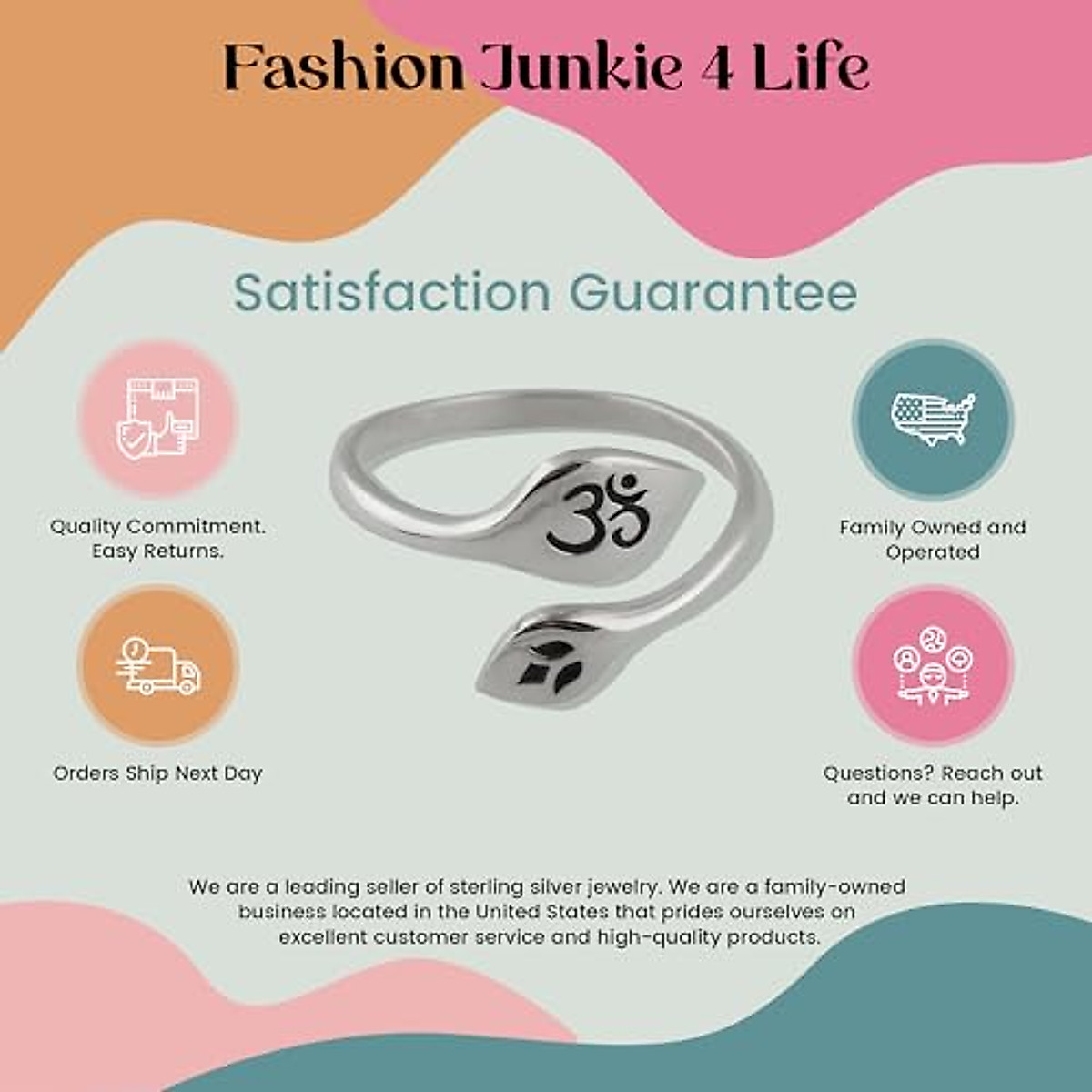 FashionJunkie4Life Sterling Silver Adjustable Lotus Flower and Om Symbol Ring, Yoga Jewelry Ohm Namaste