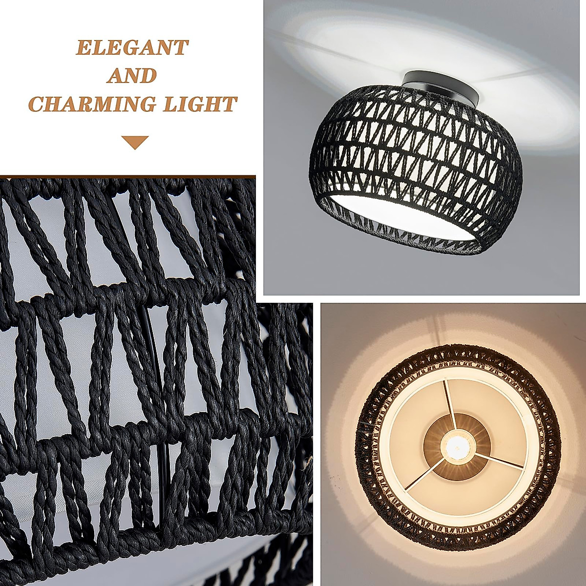 Rattan Ceiling Light Fixtures, Hand-woven Boho Flush Mount Ceiling Light, Handmade Rattan Light Fixtures Ceiling Mount with Fabric Shade, Farmhouse Light Fixture for Bedroom Hallway Entryway (Black)