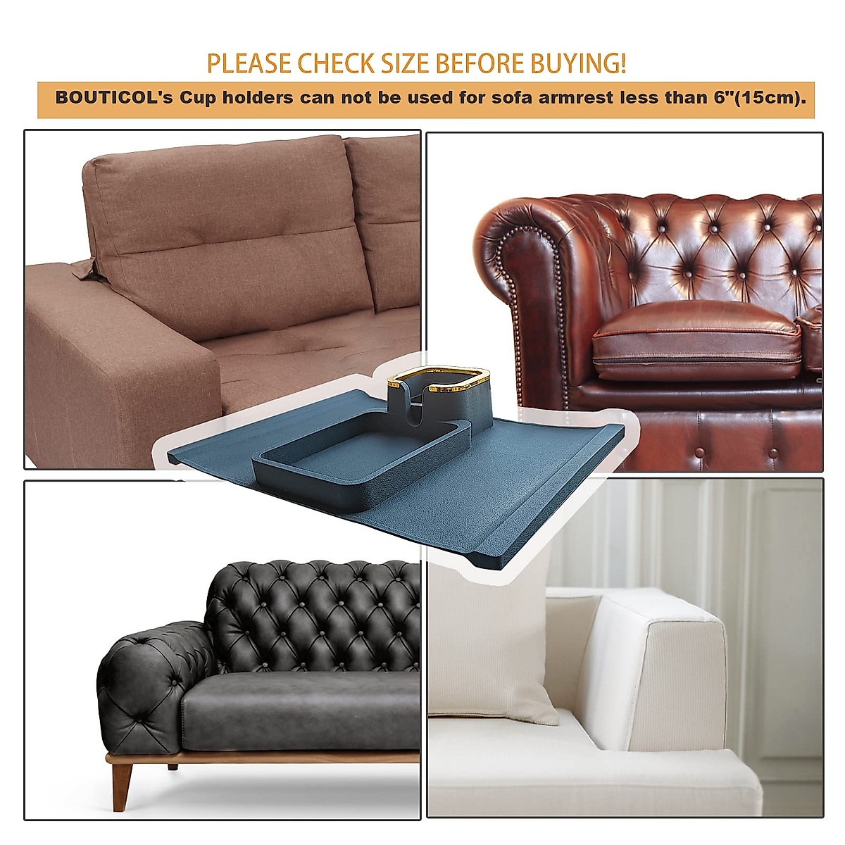 BOUTICOL Couch Tray Sofa Arm Cup Holder Tray Coaster Holder Silicone Anti-Spill and Anti-Slip Armrest Cup Holder Suit for Armchair, Sofa, Recliner, Couch Remote Control and Phone Organizer (Blue)